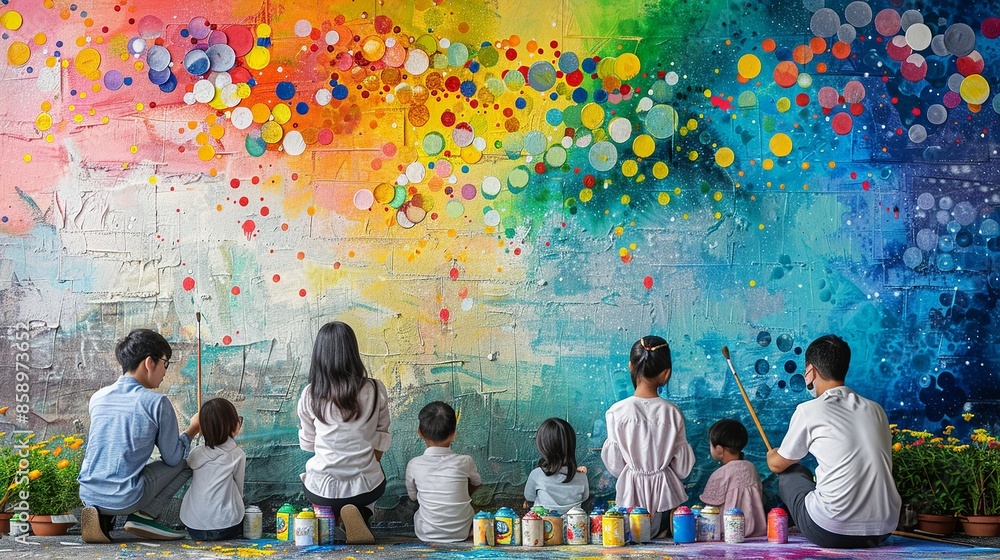 Draw a family painting a mural together. Show a wall filled with ...