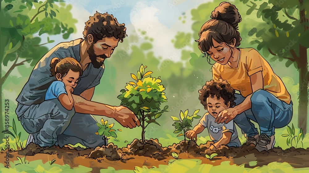 Draw a family planting trees together in a reforestation project. Show ...