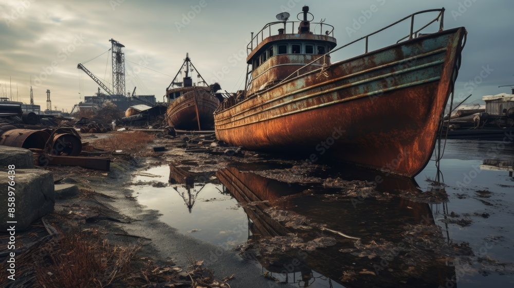 Abandoned dockyard with corroded vessels, silent and neglected Stock ...