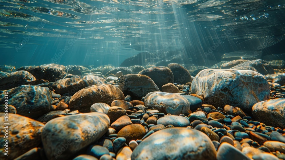 This image shows a close-up view of the bottom of a shallow river, with ...