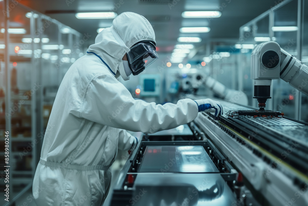 Scientist wearing protective suit working in modern laboratory for ...