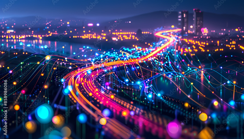 Abstract smart city lights by night, river bridge, network connectivity ...