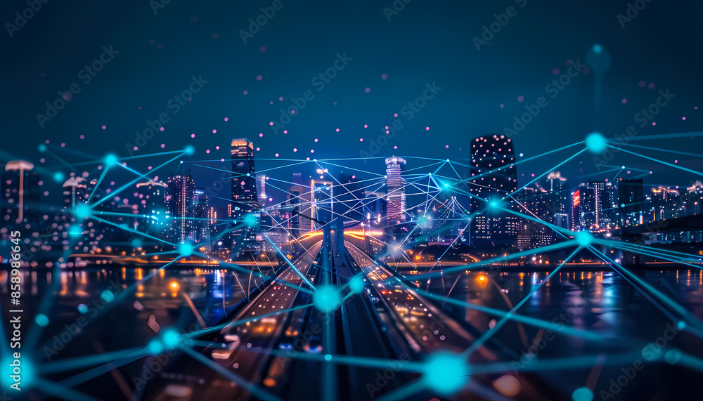 Abstract smart city lights by night, river bridge, network connectivity ...