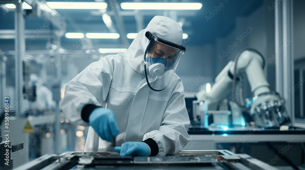 Scientist wearing protective suit working in modern laboratory for ...