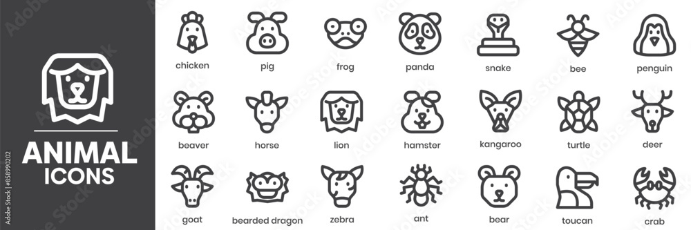 Animal Icons Set, Containing All Animals Outlines With Names, Vector ...