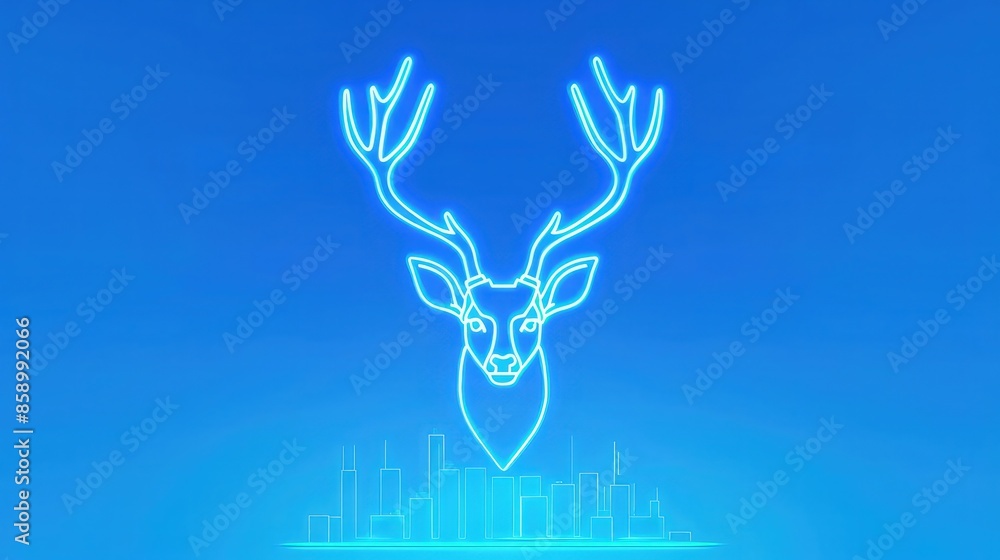 ภาพประกอบสต็อก Neon deer head symbol on a gradient blue background. The ...