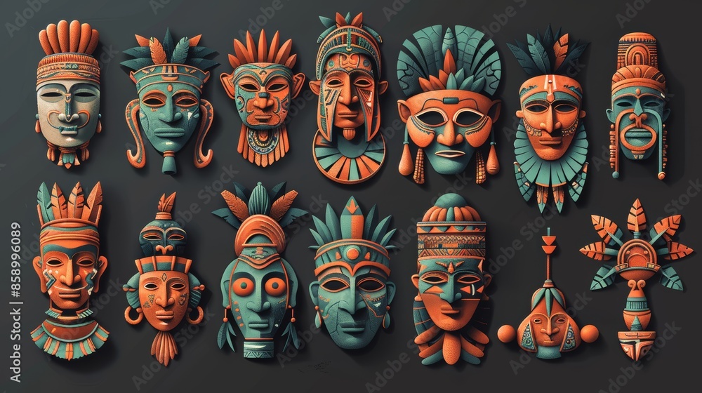Stylized tribal artifacts with bold colors, flat illustration ...
