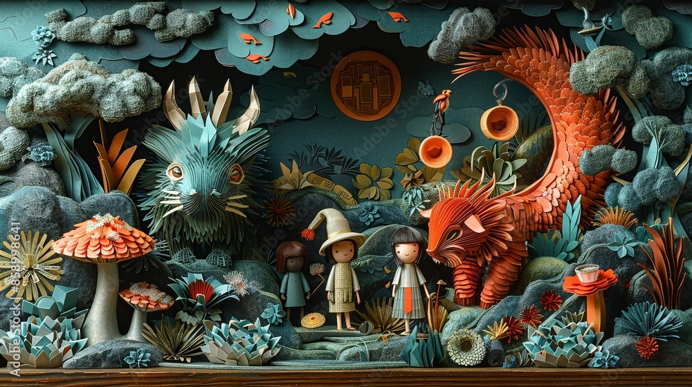Intricate fantasy scene: children encounter legendary beings and ...