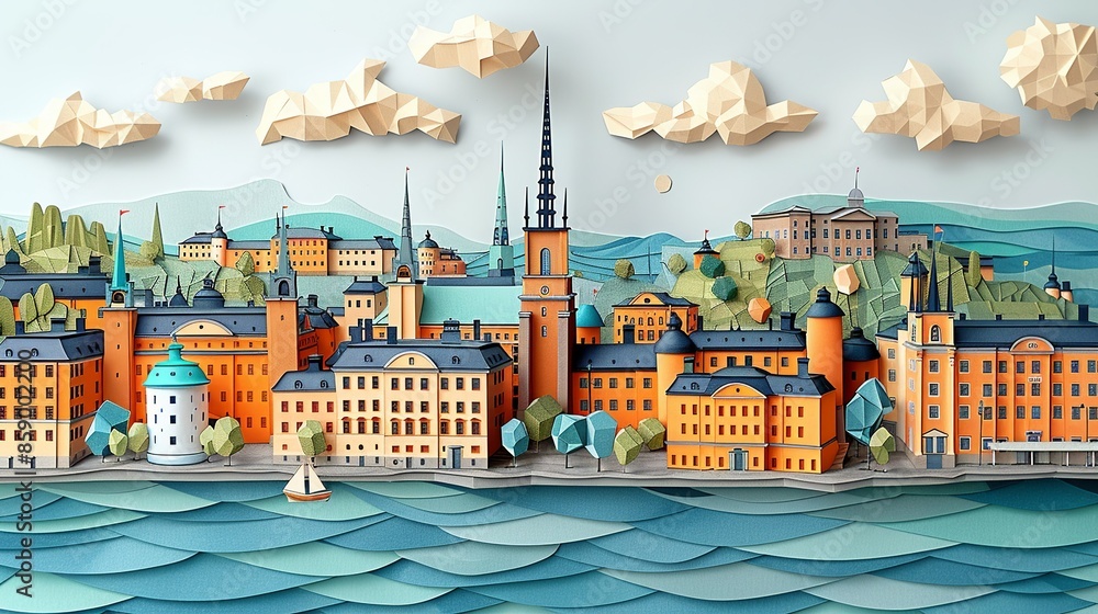 A captivating papercraft illustration of Stockholm, with Gamla Stan ...