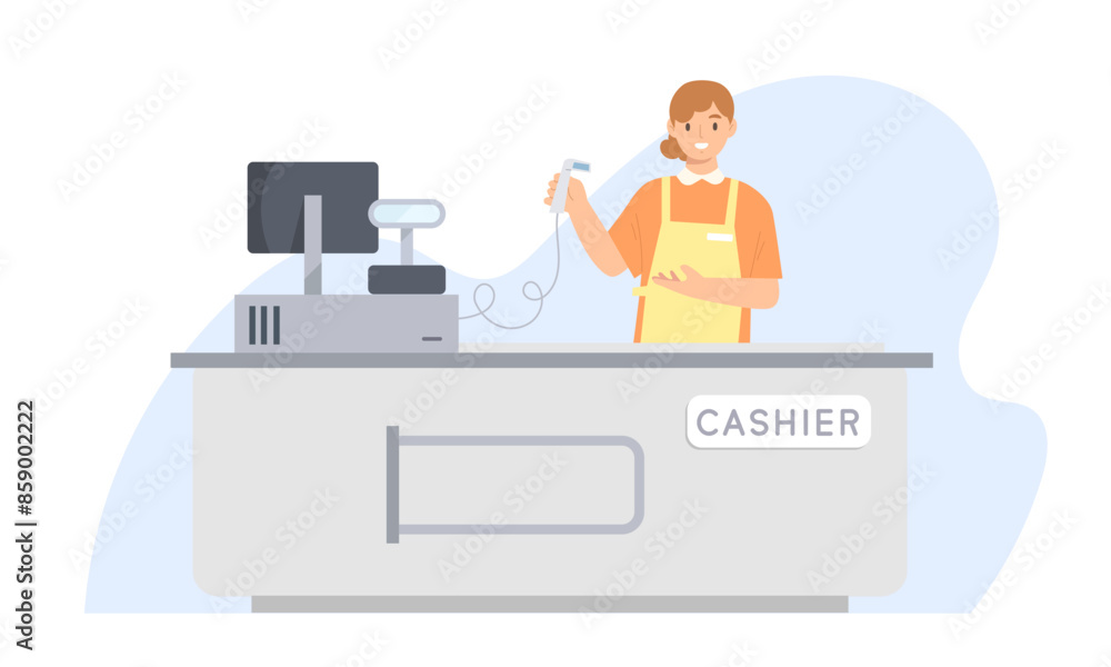 Cashier woman standing at checkout station and holding Barcode Scanner ...