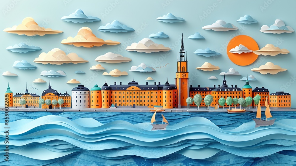 A captivating papercraft illustration of Stockholm, with Gamla Stan ...