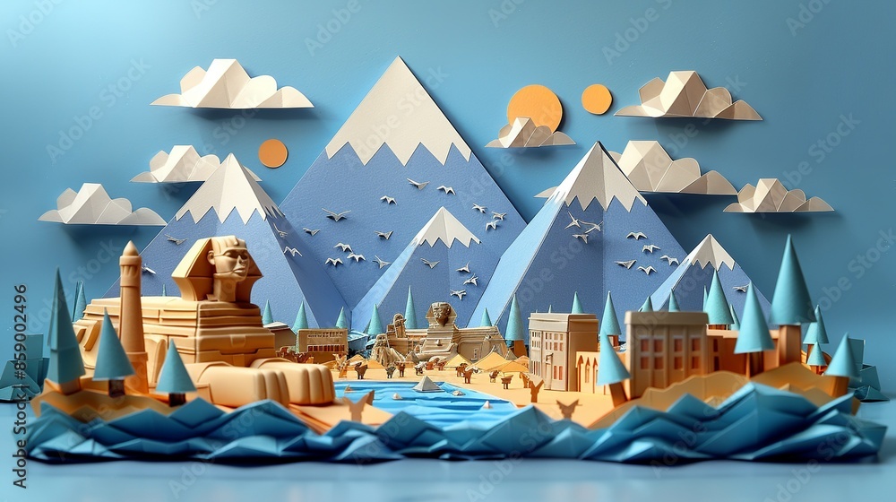 A captivating papercraft landscape of Cairo, featuring the Pyramids of ...