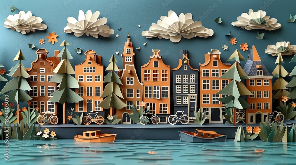 A charming papercraft scene of Amsterdam, featuring its iconic canals ...