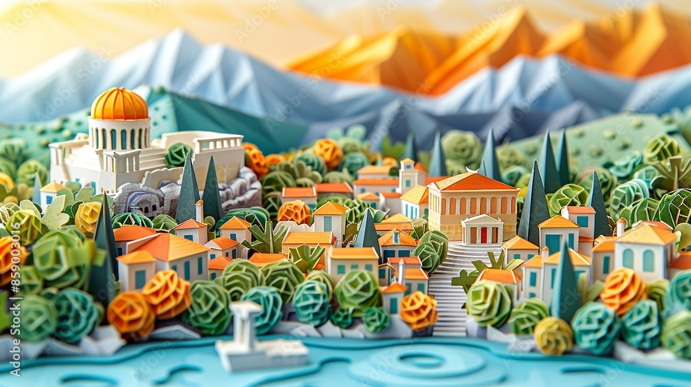 A detailed papercraft illustration of Athens, with the Acropolis ...