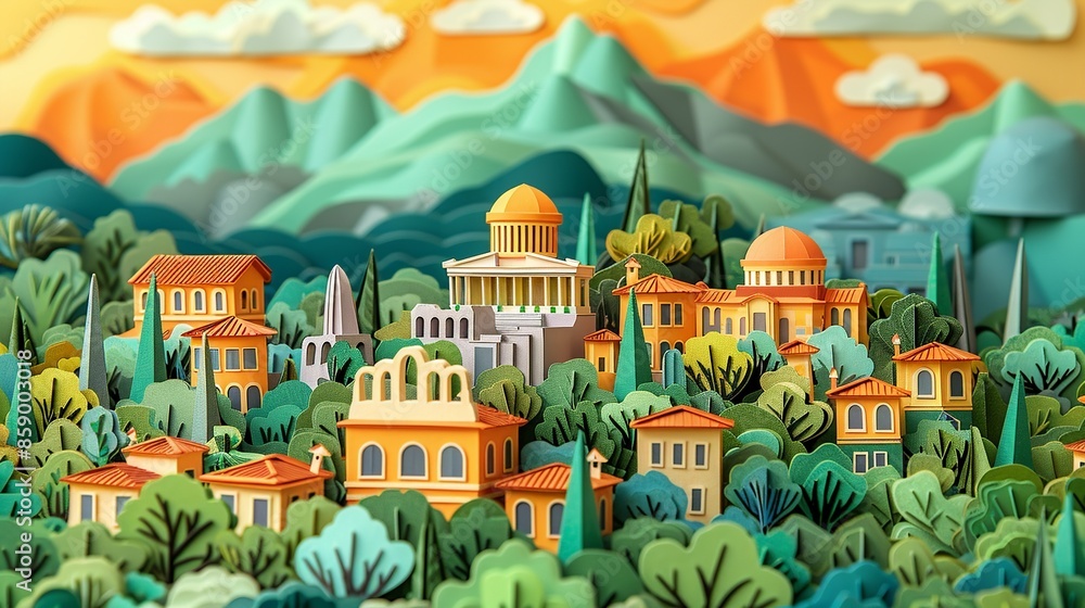 A detailed papercraft illustration of Athens, with the Acropolis ...