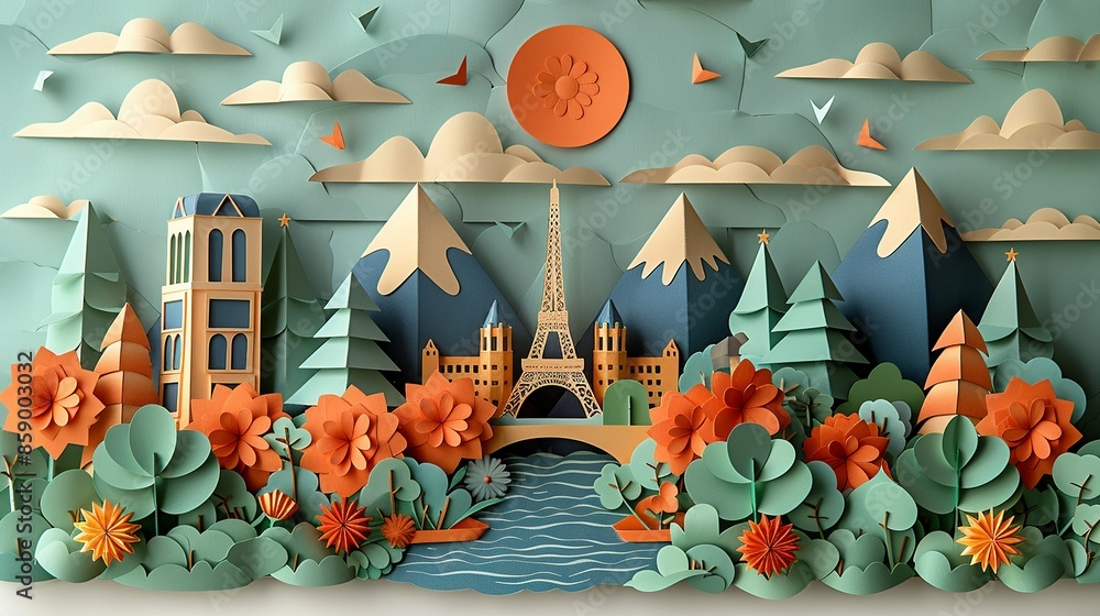 A detailed papercraft illustration of Paris, featuring iconic landmarks ...