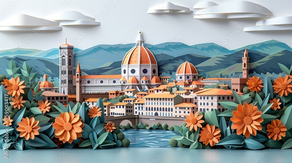 A detailed papercraft view of Florence, featuring the Duomo, Ponte ...