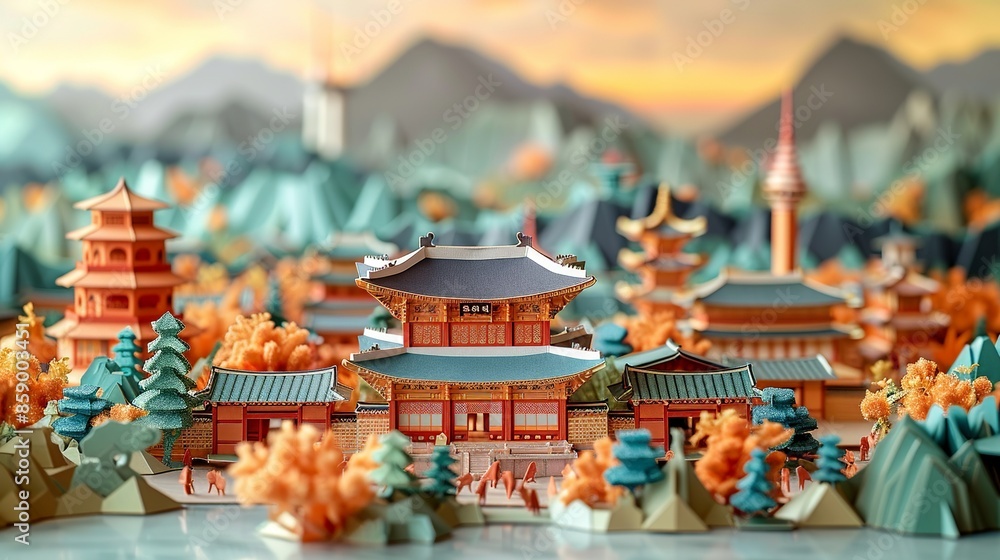 A detailed papercraft view of Seoul, featuring Gyeongbokgung Palace, N ...
