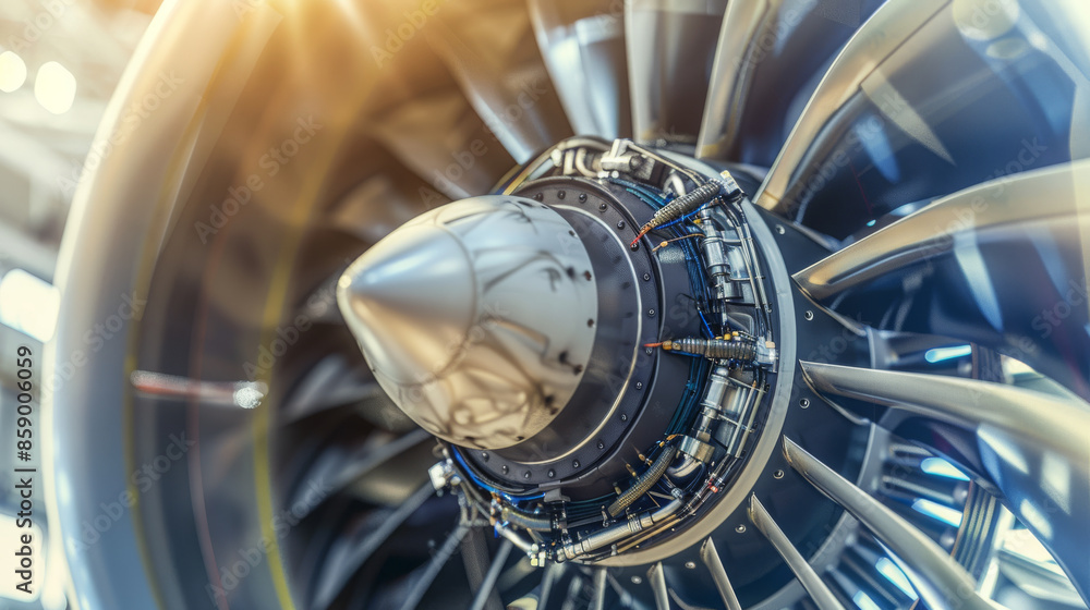 Powerful jet engine's fan blades bathed in bright light, displaying the ...