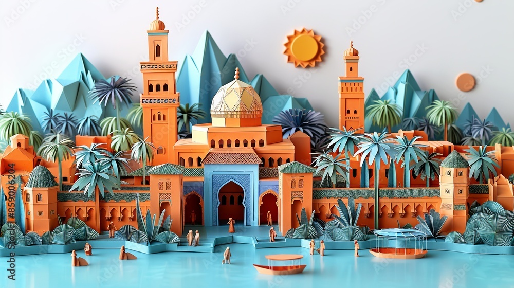 A vibrant papercraft depiction of Marrakech, featuring the Koutoubia ...