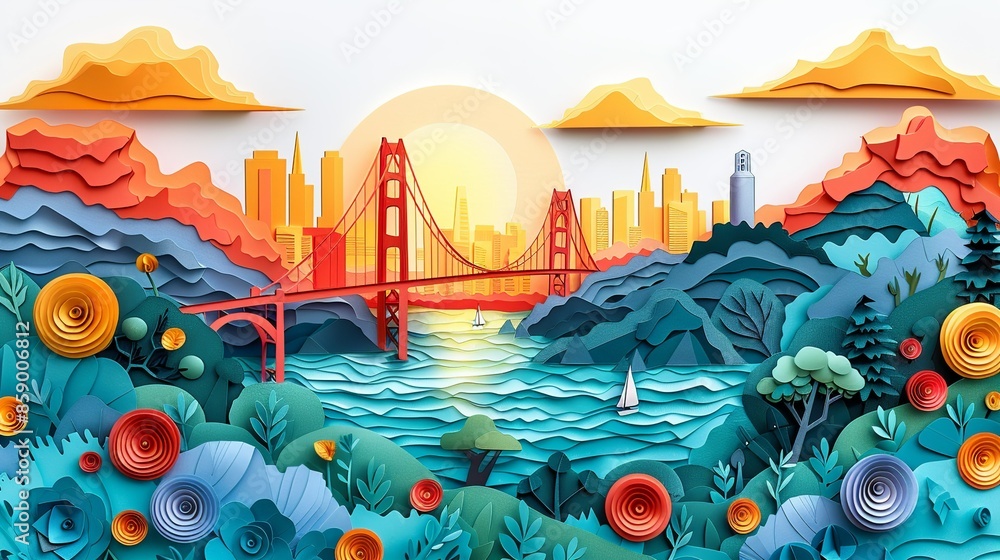 A vibrant papercraft view of San Francisco, with the Golden Gate Bridge ...