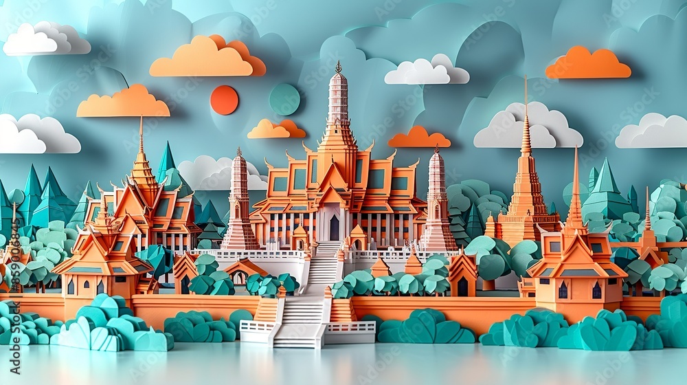 A vibrant papercraft view of Bangkok, featuring the Grand Palace, Wat ...