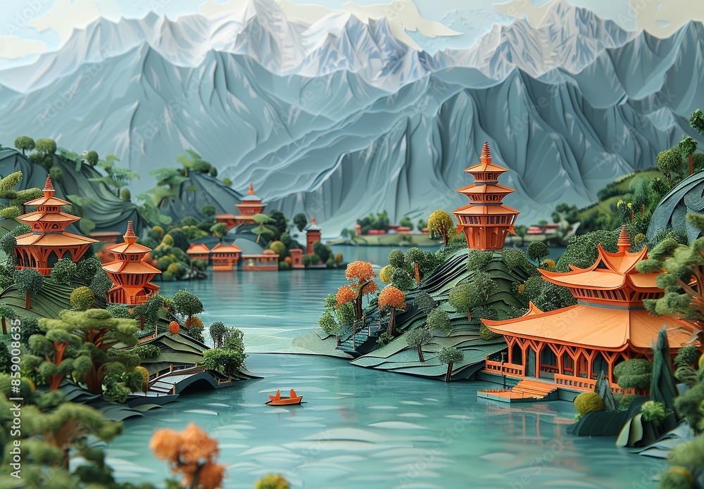 A detailed paper craft of the beautiful city of Pokhara, Nepal ...
