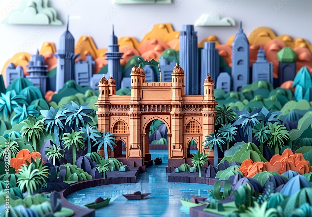 A detailed paper craft of the vibrant city of Mumbai, India, showcasing ...