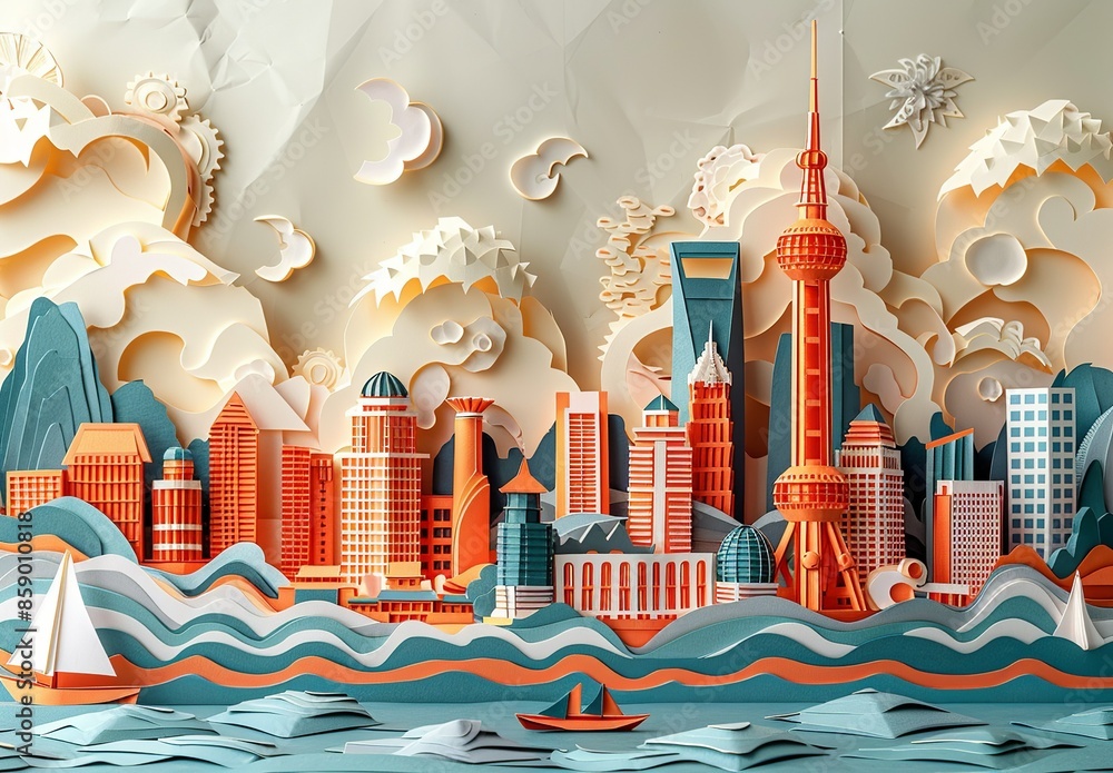 An intricate paper craft of Shanghai's futuristic skyline, featuring ...
