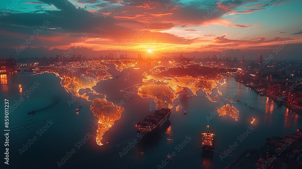 The image displays a world map with illuminated trade routes ...