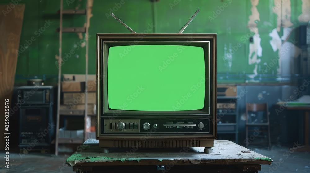 Front view Retro old television with chroma key green screen standing ...
