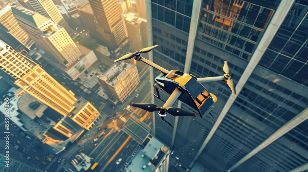 autonomous delivery drone navigating through urban airspace to deliver ...
