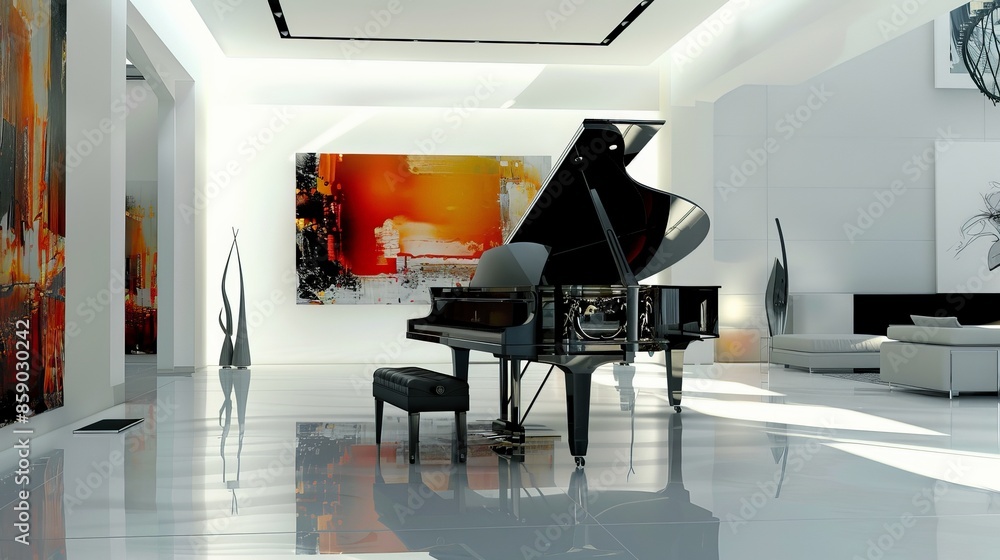 Visualize a grand piano in a modern art gallery, surrounded by abstract ...