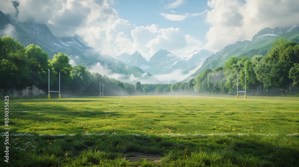 Rugby field with goal posts in a valley with a misty mountain backdrop ...