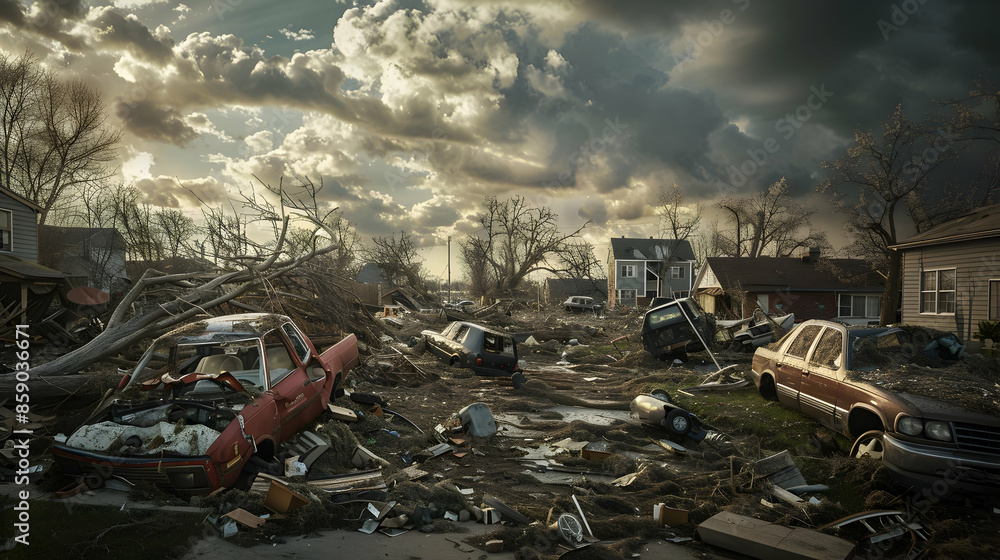 Aftermath of a tornado in a residential area, with destroyed homes ...
