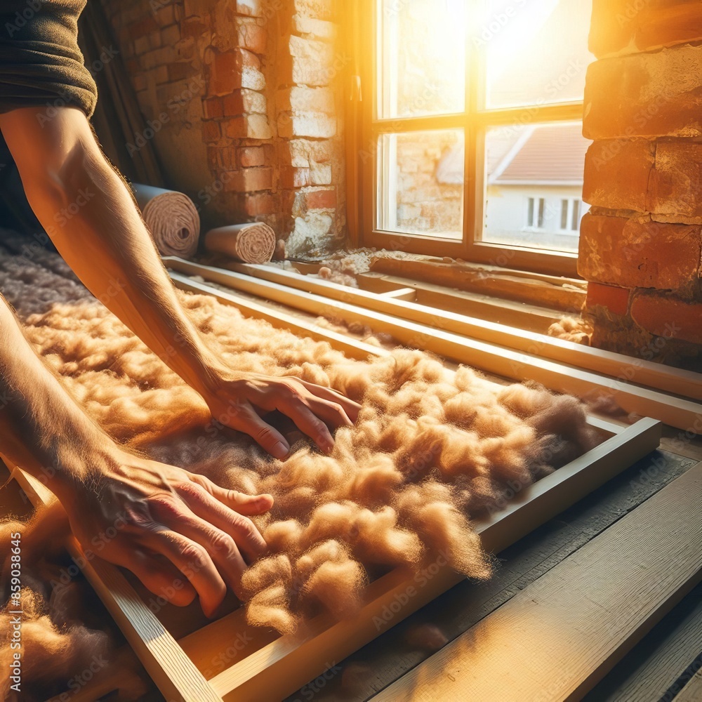 Construction worker thermally insulating house attic with glass wool ...