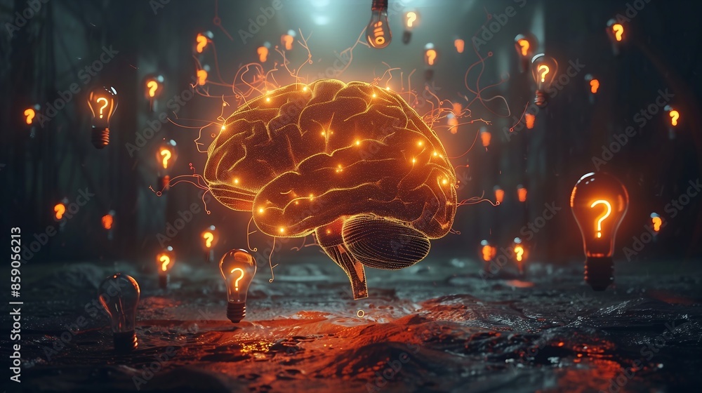 a human brain with glowing circuits and pathways, surrounded by a halo ...