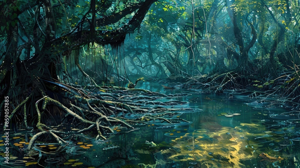 Mangrove Swamp: A mysterious mangrove swamp scene with tangled mangrove ...