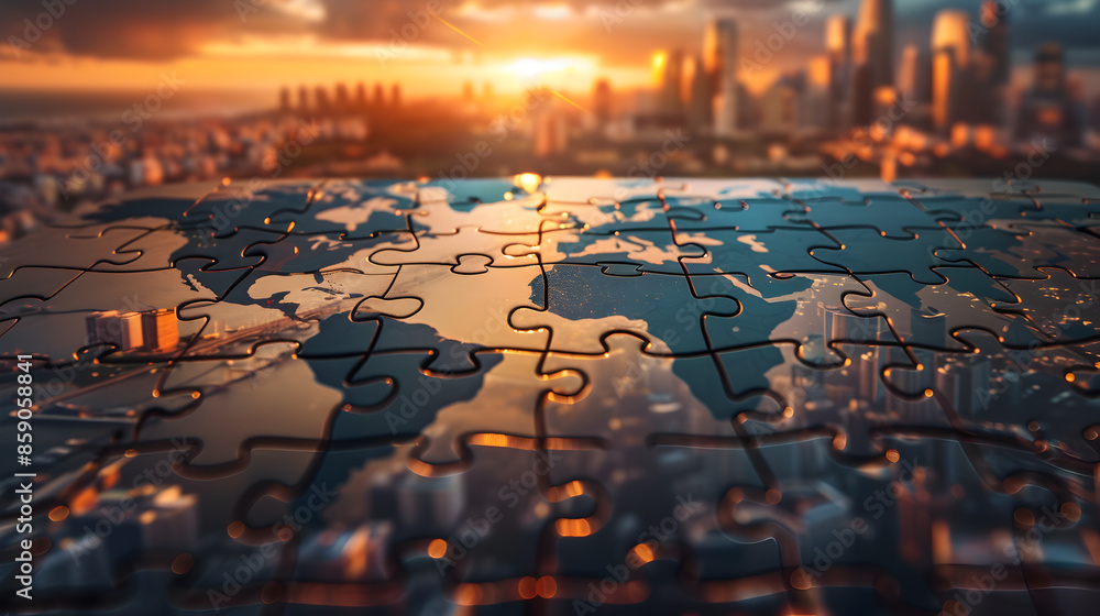 Colorful jigsaw puzzles come together to create a map. Each piece ...