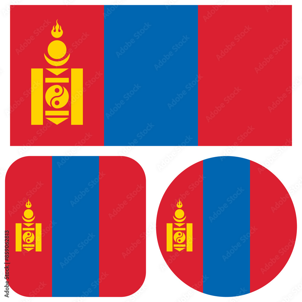 Flag of Mongolia. Set with different shapes: round, square, rectangular ...