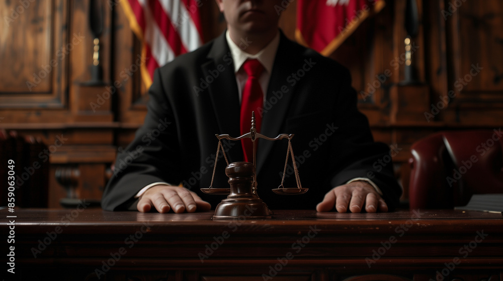 lawyer sitting in front of a table, on the table there is a gavel and ...