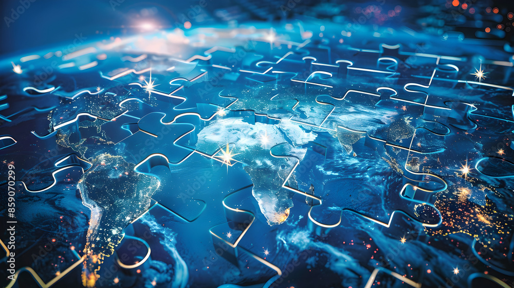 Colorful jigsaw puzzles come together to create a map. Each piece ...