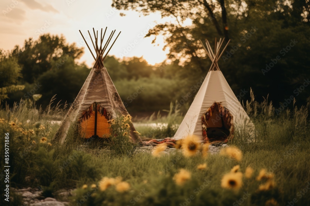 Traditional native american teepees standing gracefully in a serene ...