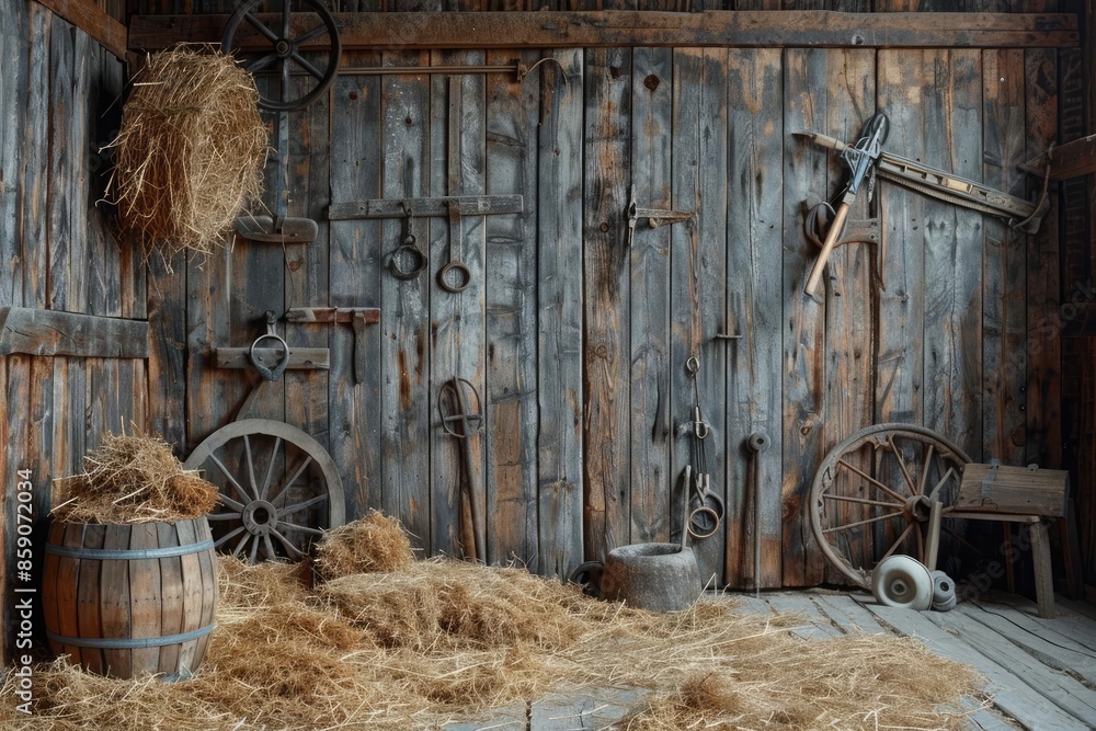 Rustic barn interior with vintage tools and straw, showcasing an old ...