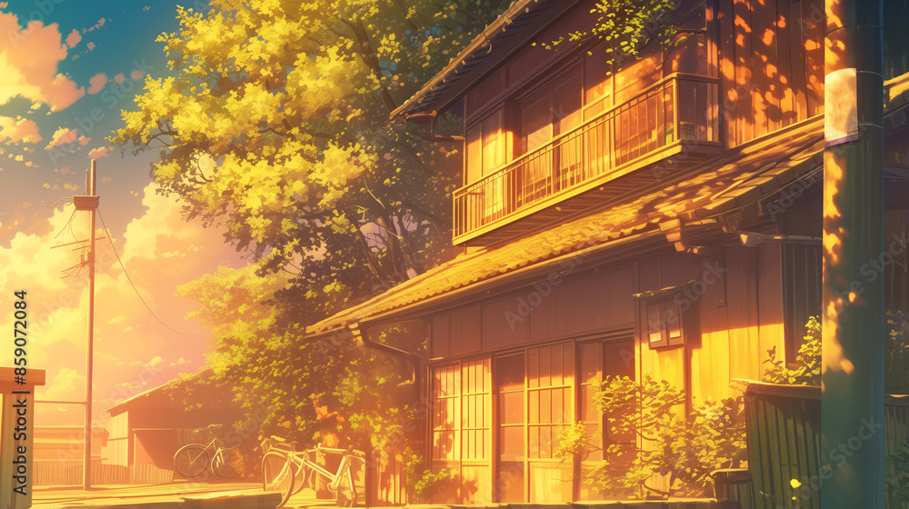 Hot Japanese summer, two-story building with balcony and scenery with ...