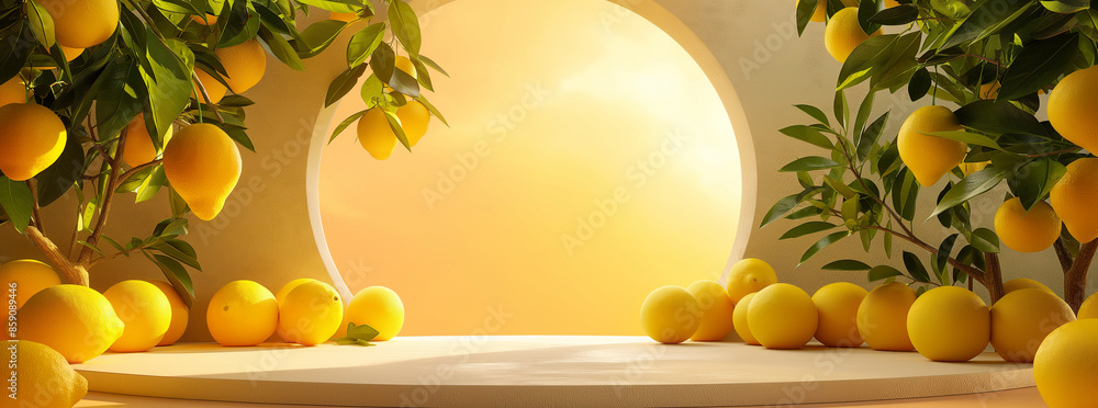 lemon podium with a lot of lemons around, in the background there is an ...