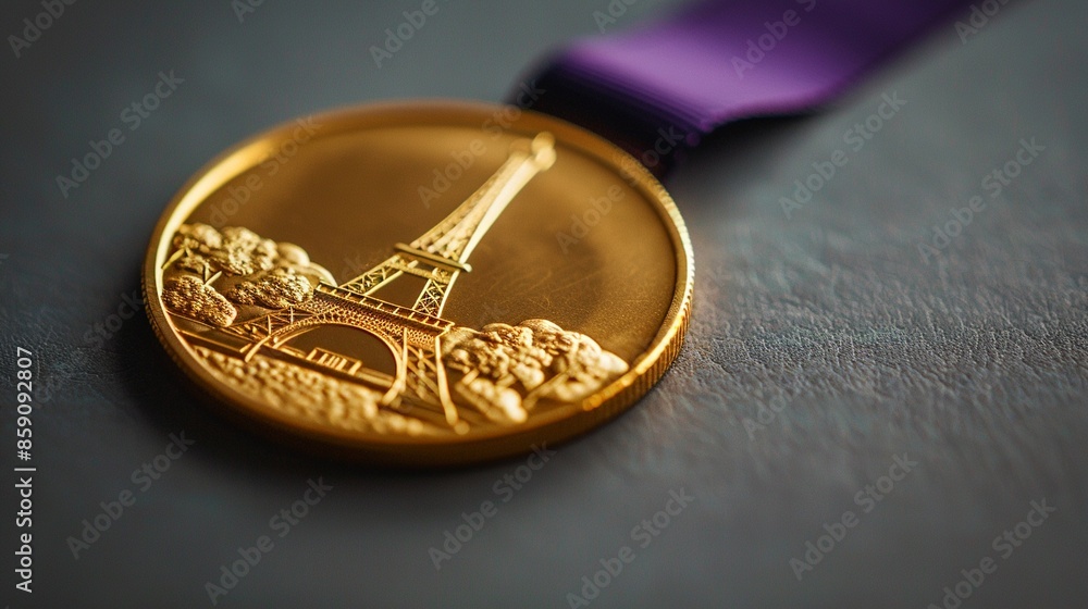 Side view of a gold medal featuring the Eiffel Tower, detailed textures ...