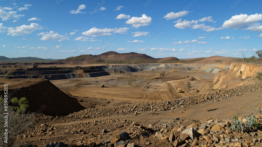 Perspective of an open-pit gold mine showing the mining pit and waste ...