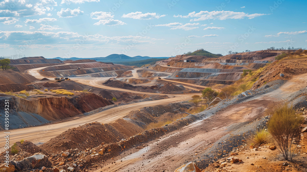 Perspective of an open-pit gold mine showing the mining pit and waste ...
