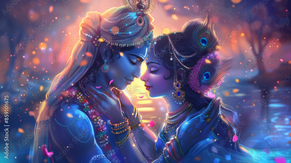 The divine embrace of Krishna and Radha, symbolizing eternal love in ...